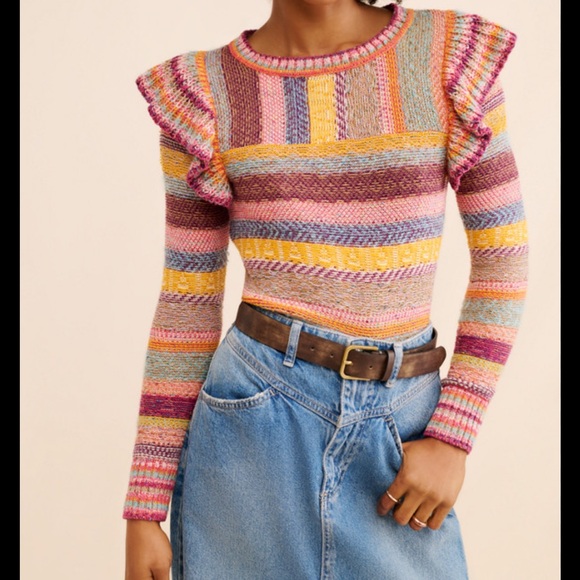 Pilcro | Sweaters | Pilcro Striped Ruffle Sleeve Knit Sweater Pullover ...
